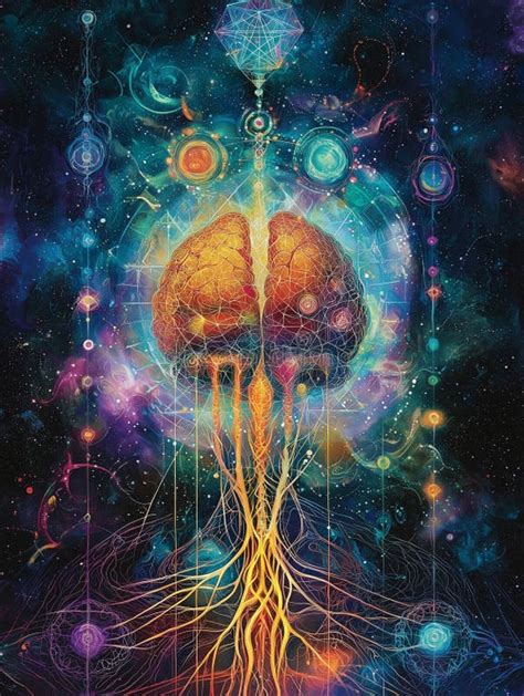 Psychedelic Cosmic Brain Like Structure With Flowing Sacred Geometry And Colorful Auras Stock