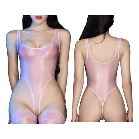 Womens See Through One Piece Swimwear Bodysuit Glossy Sheer Crotchless Swimsuits Ebay