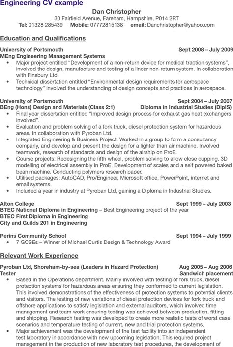 Free Engineering CV Example PDF 70KB 2 Page S