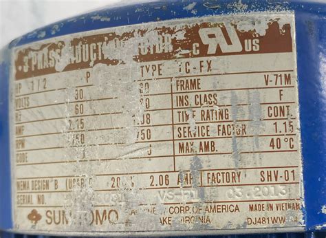 Sumitomo Tc Fx 3 Phase Induction Motor 12hp Frame V 71m