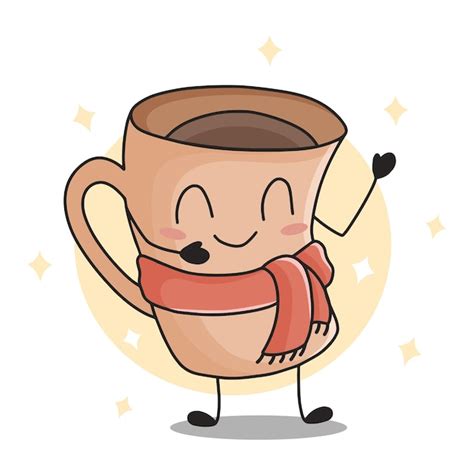 귀여운 카와이 커피 컵 캐릭터 ⁇ 터 손으로 그린 만화 캐릭터 일러스트레이션 아이콘 프리미엄 벡터