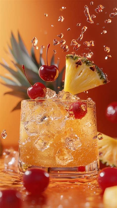 Mai Tai Cocktail Splashing With Pineapple And Cherries On Orange Stock