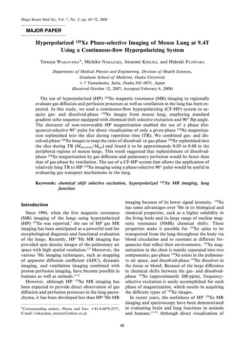 Pdf Hyperpolarized 129xe Phase Selective Imaging Of Mouse Lung At 9 4t Using A Continuous Flow