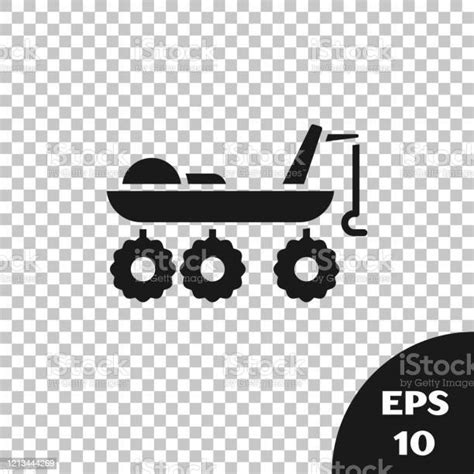 투명 한 배경에 격리 된 검은 화성 로버 아이콘입니다 우주 로버 문워커 사인 행성 표면을 연구하기위한 장치 벡터 일러스트레이션 과학에 대한 스톡 벡터 아트 및 기타 이미지