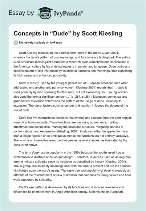 Concepts In Dude By Scott Kiesling 386 Words Essay Example