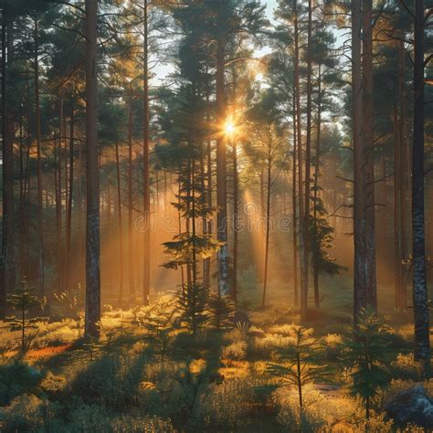 Golden Light Filtering Through Tall Pine Trees In A Forest At Sunset