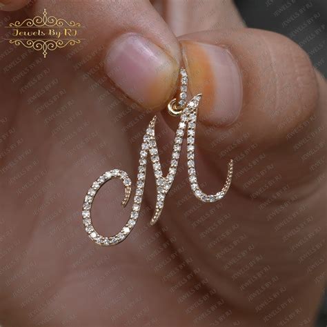Pave Diamond Initial Pendant 14k Solid Gold M Initial Pendant Diamond
