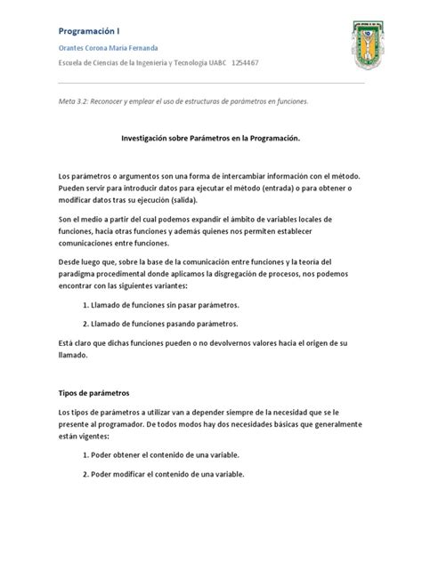 Parámetros En La Programación Pdf Parámetro Programación De Computadora Función