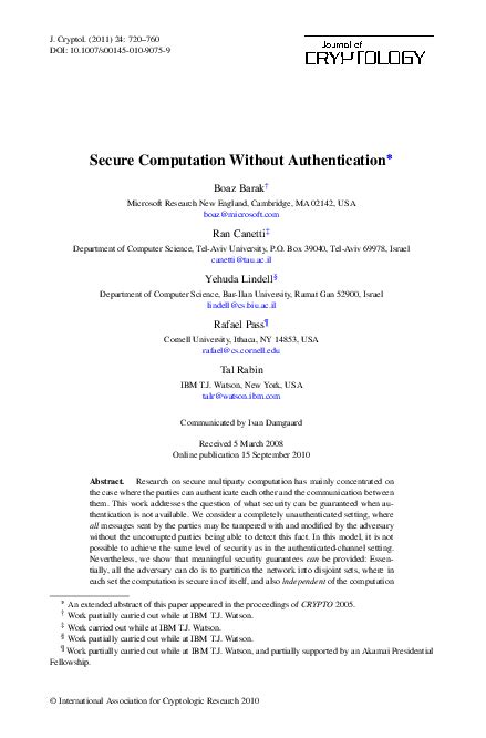 Pdf Secure Computation Without Authentication Ran Canetti