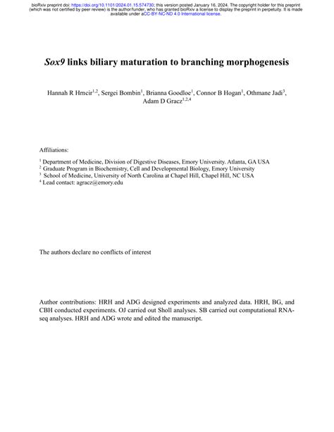 Pdf Sox9 Links Biliary Maturation To Branching Morphogenesis