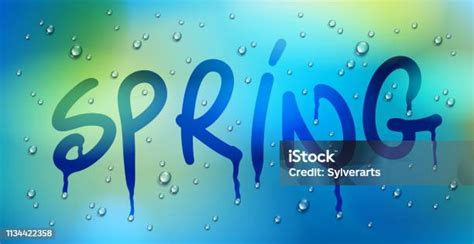 흐린 배경과 물 비 방울 벡터 현실적인 그림을 통해 창에 그려진 봄 단어 3차원 형태에 대한 스톡 벡터 아트 및 기타 이미지 3차원 형태 계절 날씨 Istock