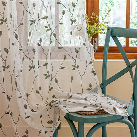 Amhoo 2 Panels Embroidered Leaf Pattern Semi Sheer Curtains