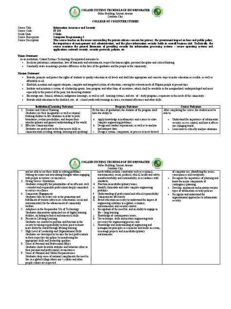 Information Assurance And Security 1 Obe Syllabus Pdf Computer