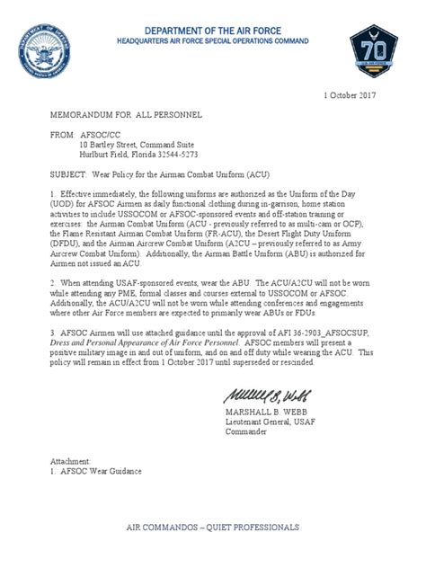 Afsoc Wear Guidance 1 Oct 17 Policy United States Air Force Uniforms