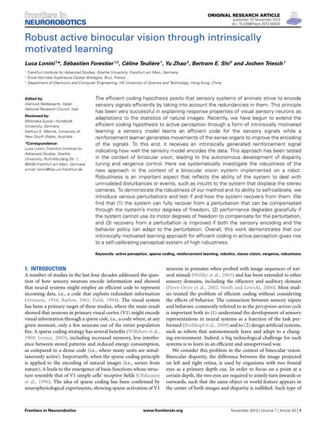 Pdf Robust Active Binocular Vision Through Intrinsically Motivated Learning