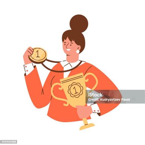 행복한 여자는 우승자 황금 트로피와 메달 흰색 배경에 격리된 평면 벡터 삽화를 들고 있다 1에 대한 스톡 벡터 아트 및 기타 이미지 Istock