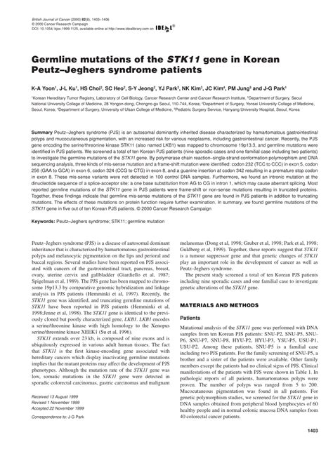 Pdf Germline Mutations Of The Stk11 Gene In Korean Peutz Jeghers Syndrome Patients