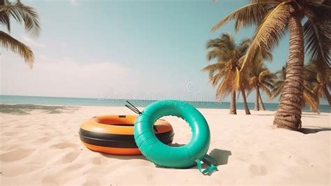 An Inflatable Swim Lap Against A Backdrop Of A Beach With Sand Palm Trees And The Ocean Tourist