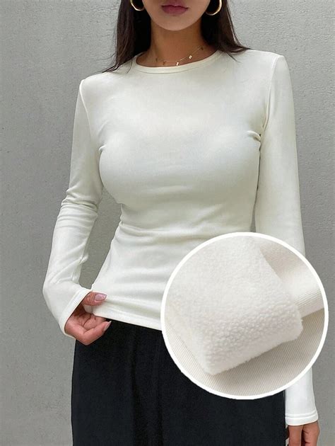 Dazy Dames Thermisch Gevoerd Effen Strak T Shirt Met Lange Mouwen