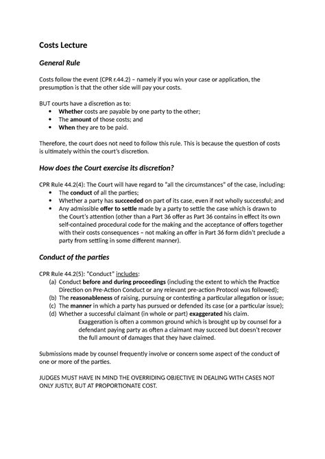 Costs Lecture Civ Lit Unit 17 Costs Lecture General Rule Costs Follow The Event Cpr R44