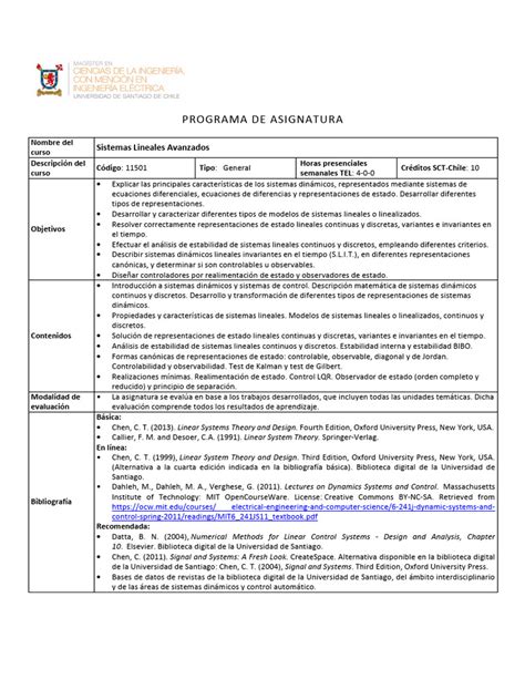 Prog Sistemas Lineales Avanzados 1 Pdf Sistema Dinamico Ecuaciones