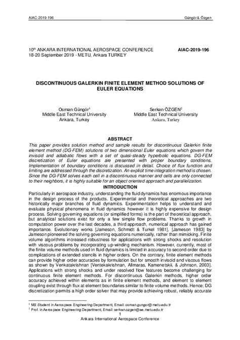 Pdf Discontinuous Galerkin Finite Element Method Solutions Of Euler Equations
