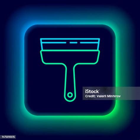 검은 색 배경에 고립 된 창문 아이콘용 고무 클리너가있는 빛나는 네온 라인 클리닝 서비스 스퀴지 스크레이퍼 와이퍼 다채로운 개요