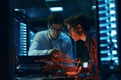 Immersed In Efficiency It Technicians Navigating The Network Server Room Premium Ai Generated
