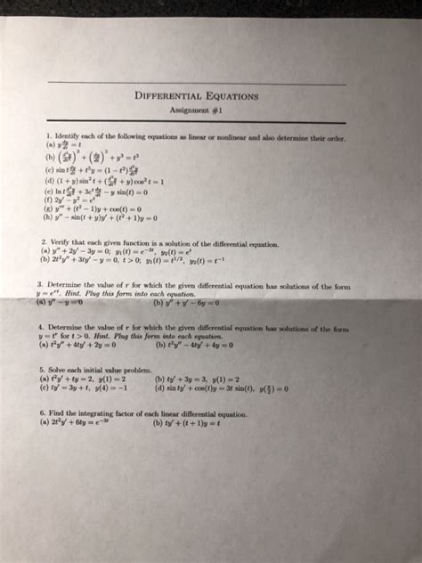 Solved DIFFERENTIAL EQUATIONS Assignment Identify Each Chegg