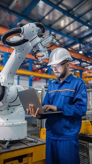 At The Factory Automation Engineer Uses Laptop For Programming Robotic Arm Premium Ai
