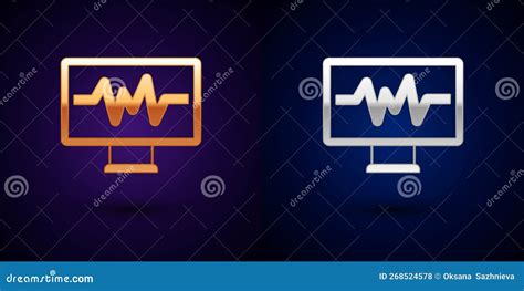 Gold And Silver Computer Monitor With Cardiogram Icon Isolated On Black