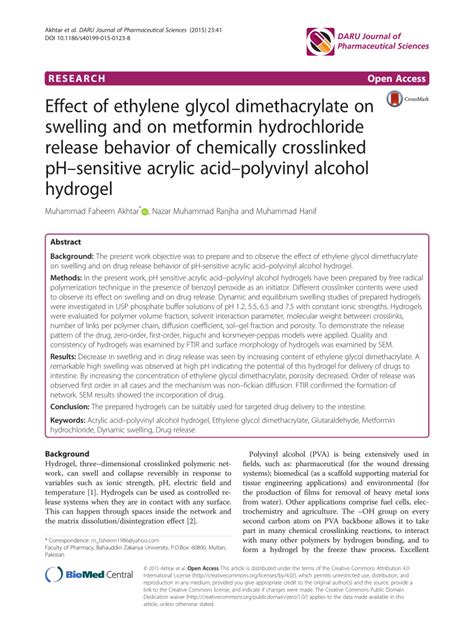 Pdf Effect Of Ethylene Glycol Dimethacrylate On Swelling And On Metformin Hydrochloride