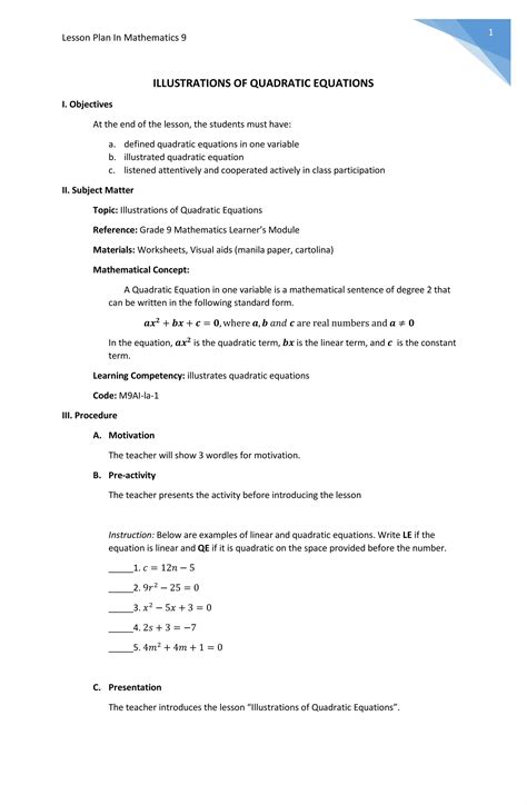 Lesson Plan In Mathematics 9 Illustrations Of Quadratic Equations Pdf