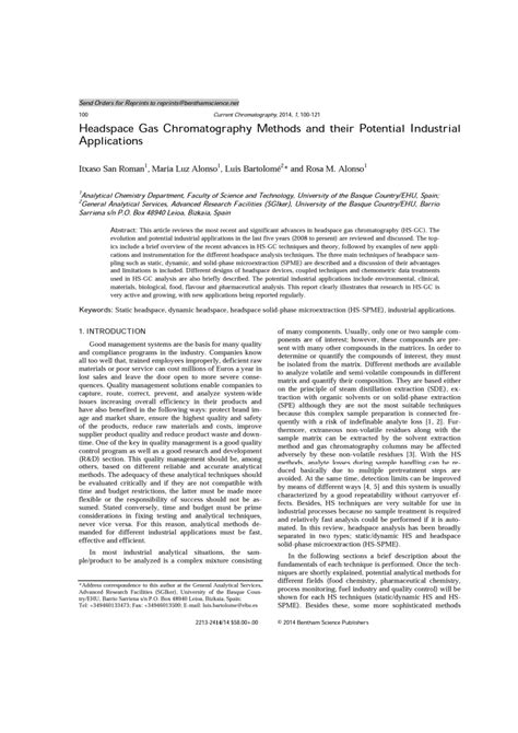 Pdf Headspace Gas Chromatography Methods And Their Potential