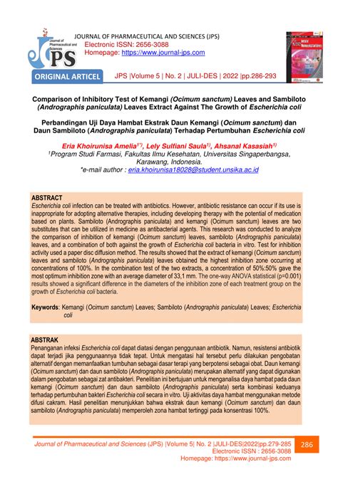 Pdf Perbandingan Uji Daya Hambat Ekstrak Daun Kemangi Ocimum Sanctum Dan Daun Sambiloto