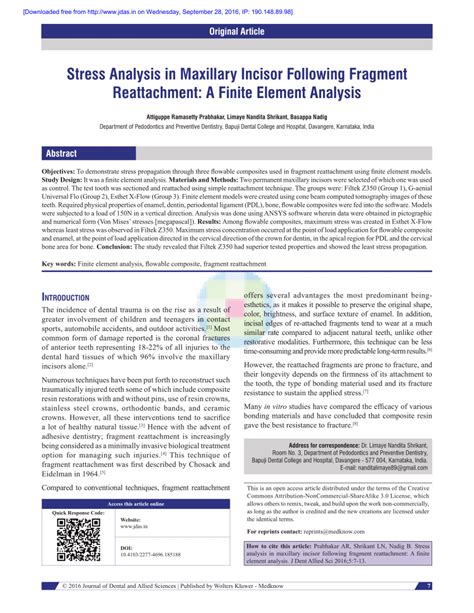 Pdf Stress Analysis In Maxillary Incisor Following Fragment Reattachment A Finite Element