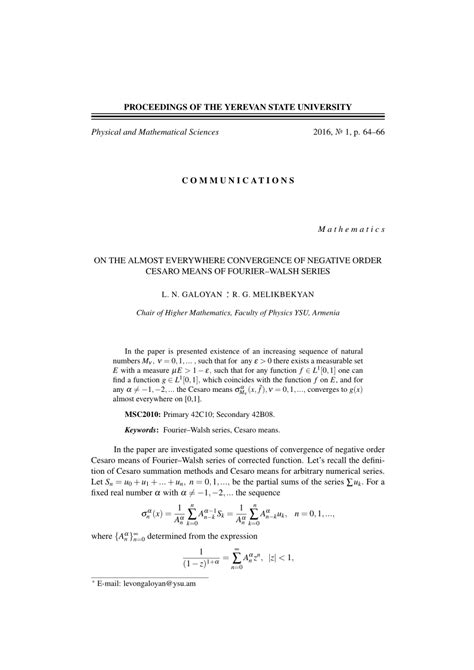 Pdf On The Almost Everywhere Convergence Of Negative Order Cesaro Means Of Fourier Walsh Series