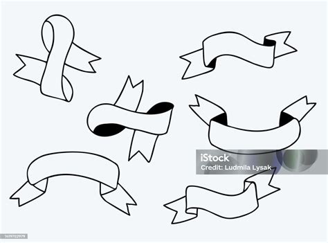 손으로 그린 리본 세트 검은 색의 비네트 벡터 일러스트레이션 선형 손으로 그린 낙서 디자인 및 장식을위한 격리 된 요소 Sketch Comedy에 대한 스톡 벡터 아트 및