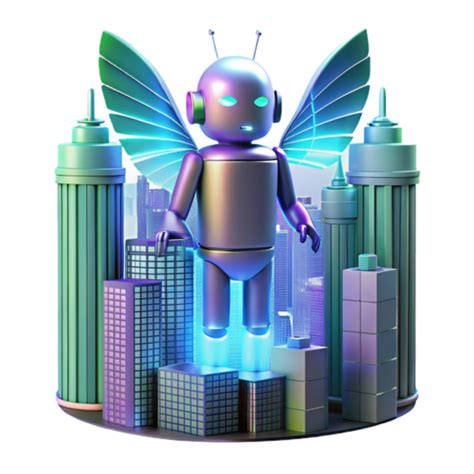 3d Render Of A Flying Robot Soaring Over A Futuristic Cityscape