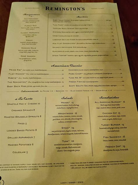 Menu At Remingtons Steakhouse Chicago