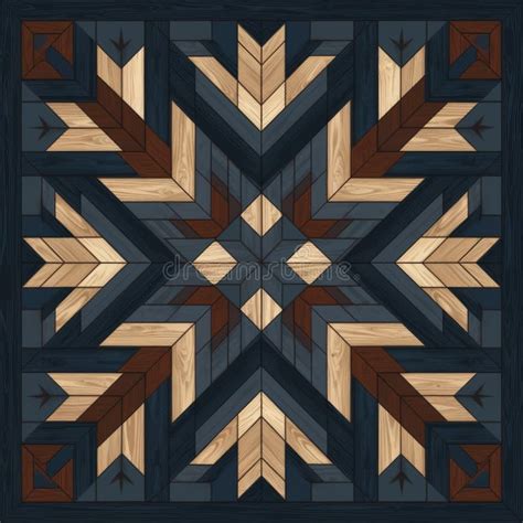 Geometric Wooden Starburst Pattern A Symmetrical Design In Blue Brown And Beige Tones Stock