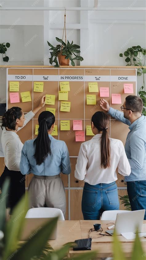 Daily Team Meeting Around Agile Product Development Board With Scrum Or Kanban Framework Lean