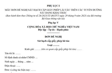 Mẫu đơn đề nghị sát hạch cấp giấy phép lái tàu trên các tuyến đường sắt