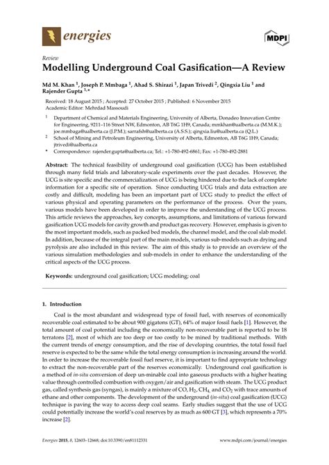 Pdf Modelling Underground Coal Gasification—a Review