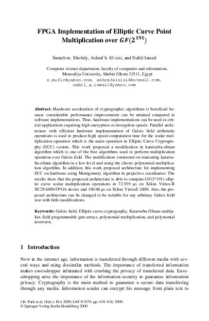 Pdf Reconfigurable Implementation Of Karatsuba Multiplier For Galois Field In Elliptic Curves