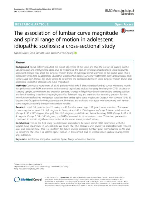 Pdf Title The Association Of Lumbar Curve Magnitude And Spinal Range Of Motion In Adolescent