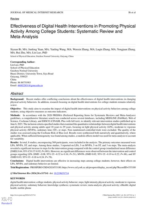 Pdf Effectiveness Of Digital Health Interventions In Promoting Physical Activity Among College