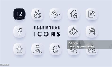 소방서 세트 아이콘입니다 밖으로 넣어 소방관 성냥 집 전화 소방관 숲 자연 재해 단락 소화전 작업복 물을 호출 안전 개념 신형성 벡터 선 아이콘입니다 긴급 개념에 대한 스톡