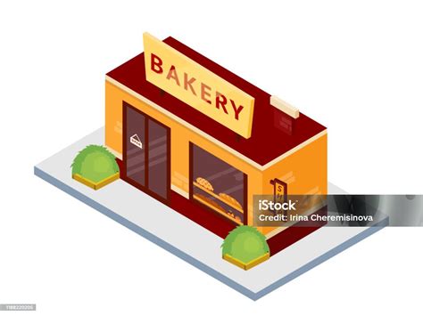 베이커리 플랫 벡터 일러스트레이션입니다 흰색 배경에 고립 된 Pasrty 상점 베이크샵 외관 외관 쇼케이스가있는 아이소메트릭