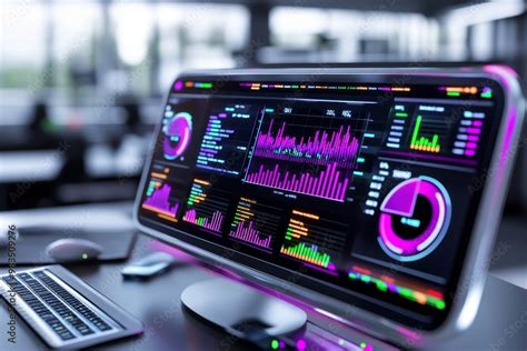 Futuristic Data Dashboard With Glowing Metrics Graphs And Pie Charts In A High Tech Office
